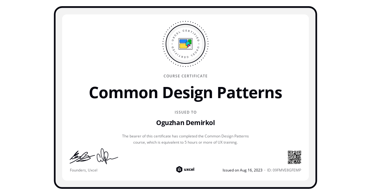 Certificate of completion for Common Design Patterns | Uxcel